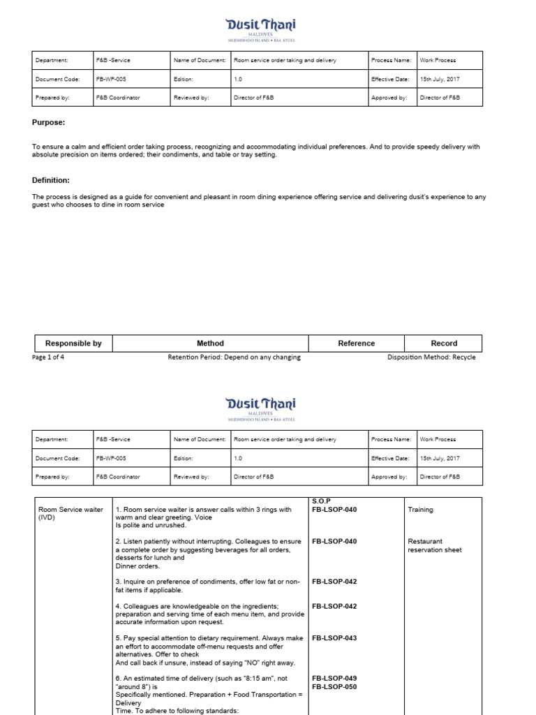 FB-LSOP-005 - Room Service Order Taking and Delivery | PDF ...