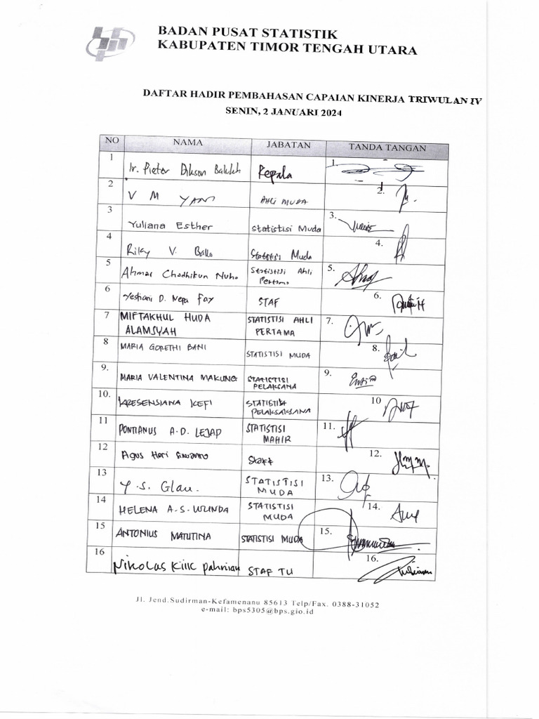 Daftar Hadir Rapat FRA Triwulan 4 BPS Kabupaten TTU Tahun 2023 | PDF
