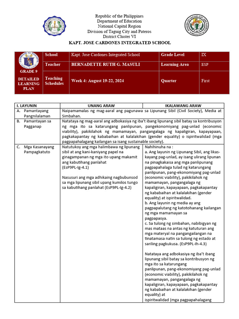 DLP ESP - Week 4. Q1 - Lipunang Sibil, Media at Simbahan | PDF