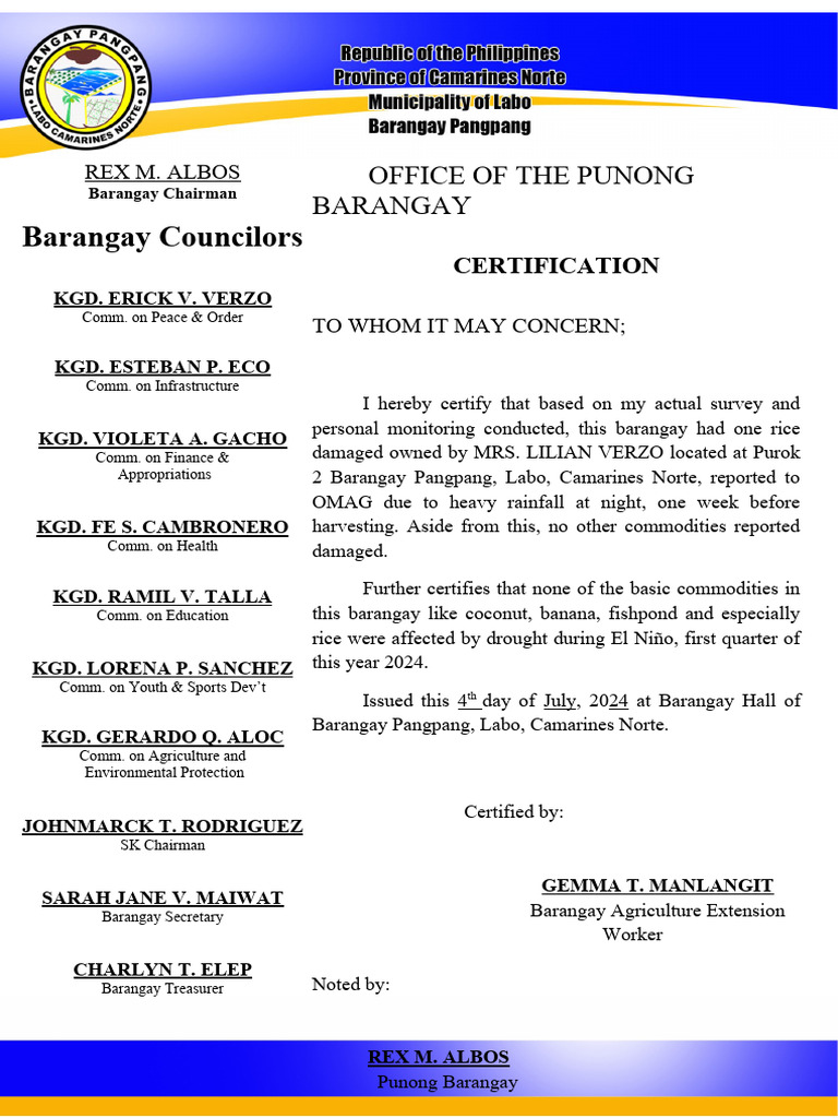 Barangay Crop Damage Certification | PDF