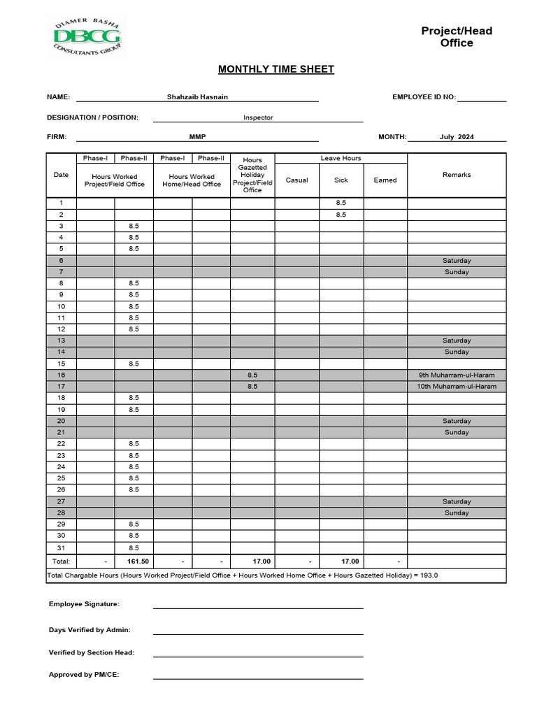 DBCG Time Sheet - July 2024 - SH | PDF