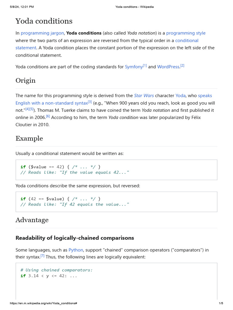 Yoda Conditions - Wikipedia | PDF | Software Engineering | Computer Science