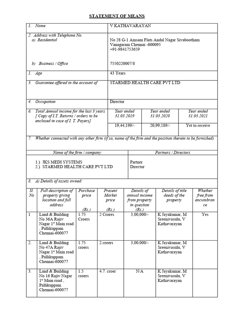 STATEMENT OF MEANS V Kathavaryan | PDF | Business | Banking