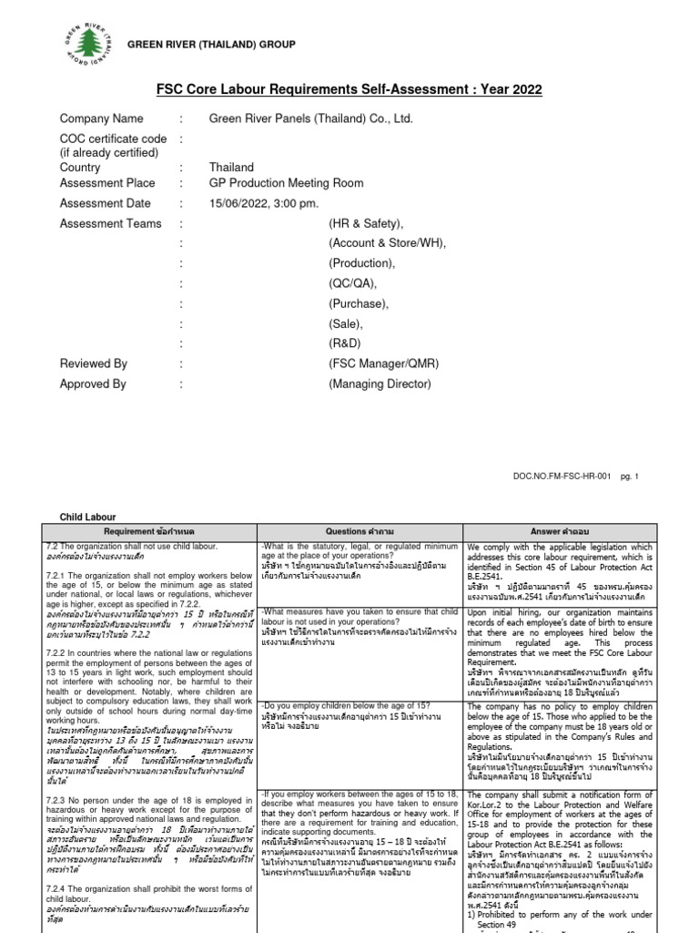 GR2022 FSC Core Labour Requirements Self Assessment THAI | PDF