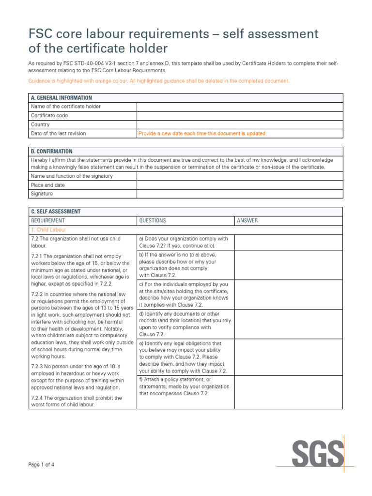 FSC Core Labour Requirements Self Assessment Form en | PDF | Employment ...