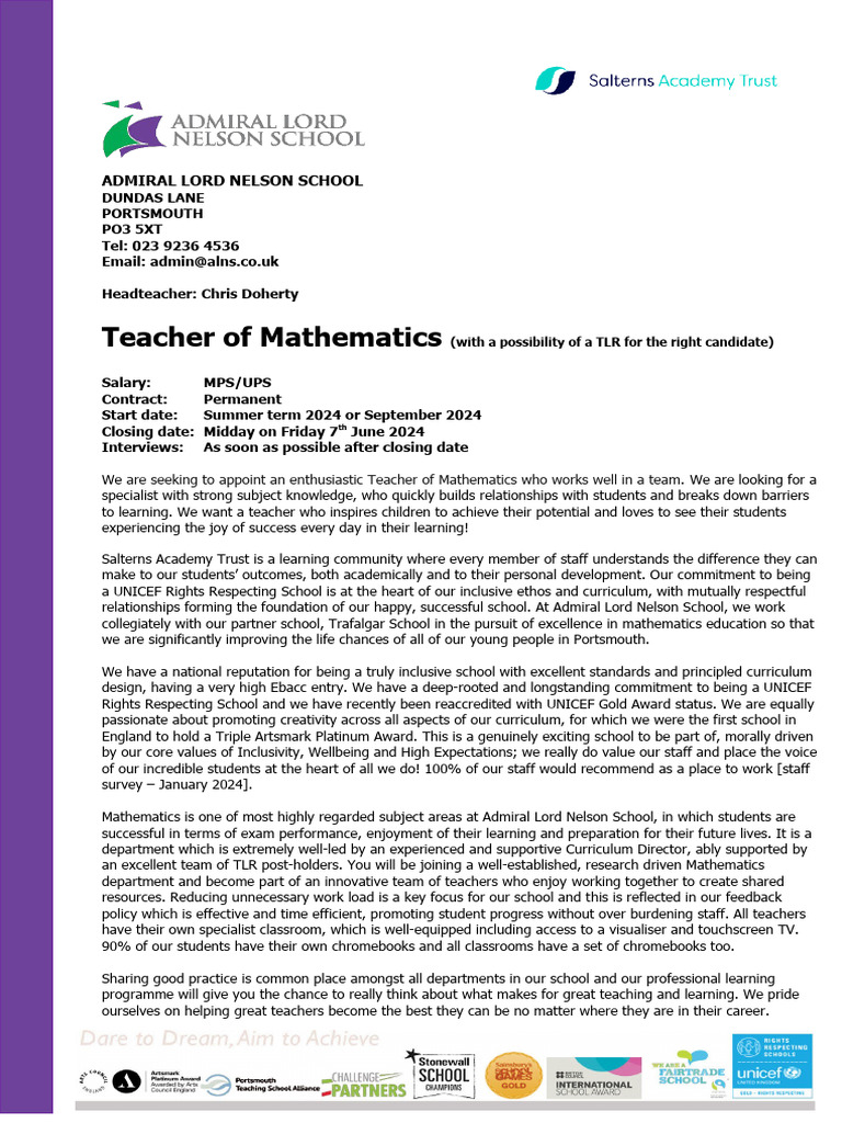 Application Pack - Teacher of Mathematics with possible TLR - May 2024 | PDF