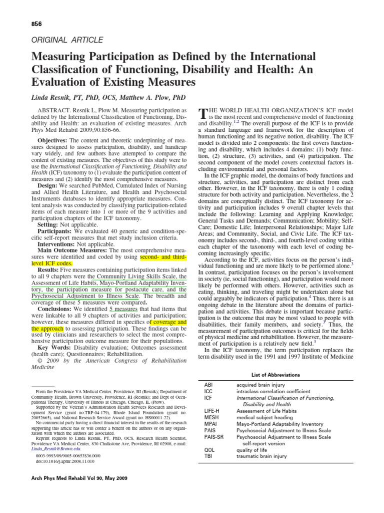 Measuring Participation As Defined by The International Classification of Functioning ...