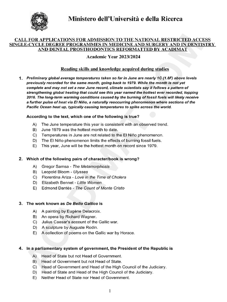 2023 IMAT Exam Shuffled Answers | PDF