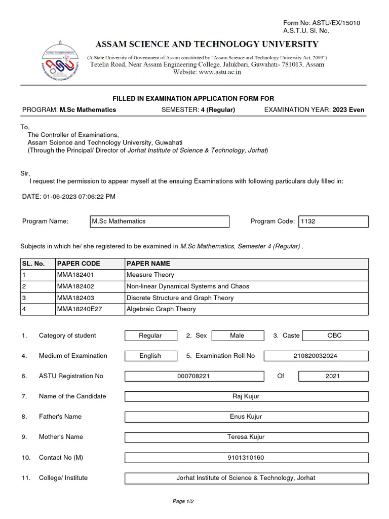 Filled in Examination Application Form For: Page 1/2 | PDF