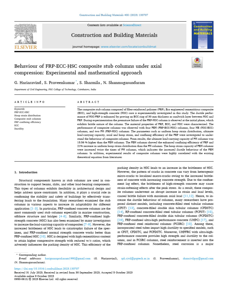 Behaviour of FRP-ECC-HSC Composite Stub Columns Under Axial | PDF | Fracture | Strength Of Materials