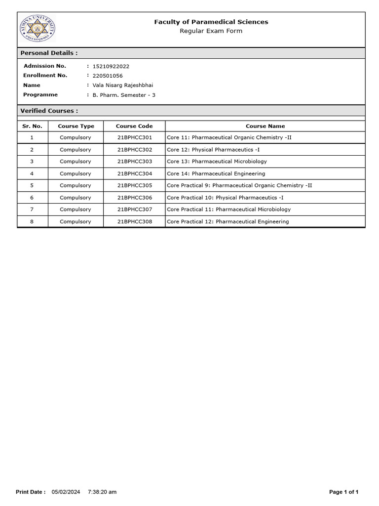 Student Regular Exam Form | PDF