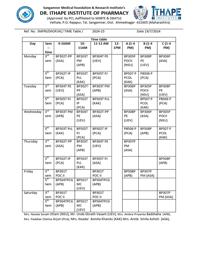 Time Table First Term 2024-25 | PDF