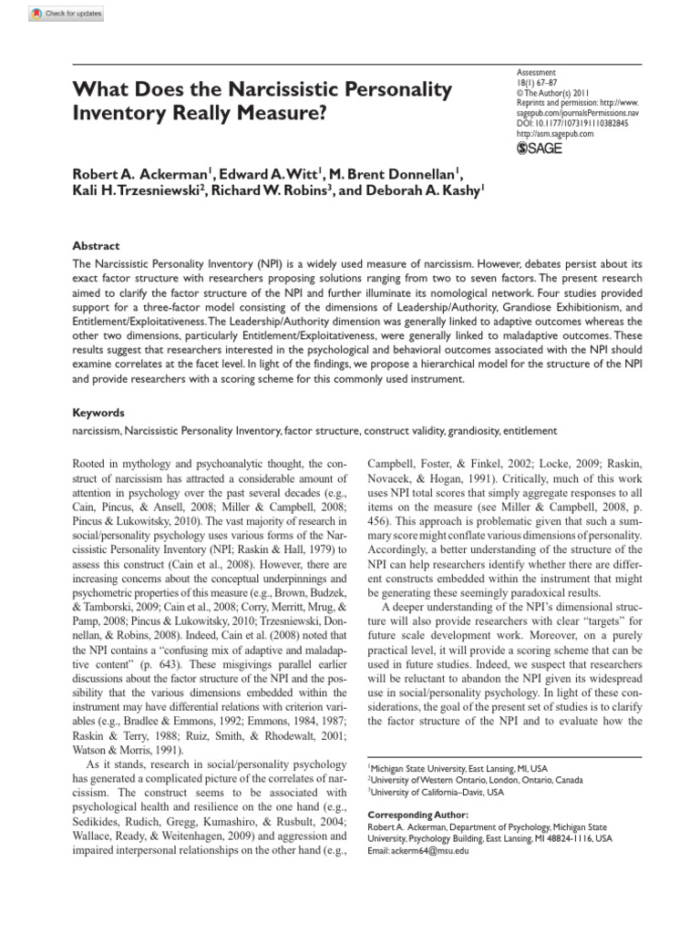 Ackerman Et Al 2010 What Does The Narcissistic Personality Inventory Really Measure | PDF ...