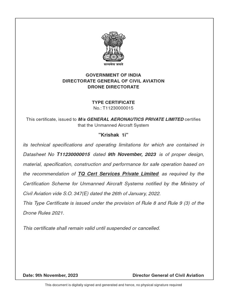 TYPE - CERTIFICATE - Krishak 1i | PDF | Unmanned Aerial Vehicle | Aviation