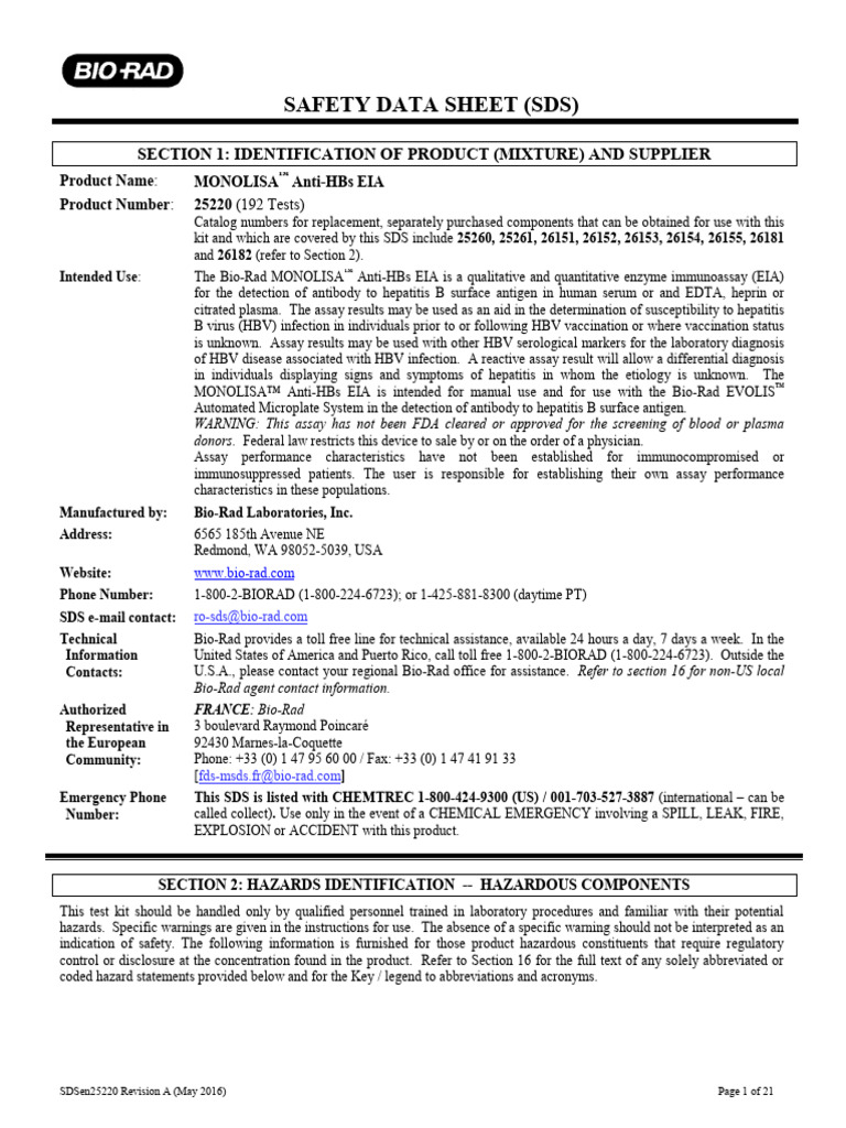 MONOLISA Anti-HBs EIA Safety Data Sheet | PDF | Hepatitis B | Dimethyl ...