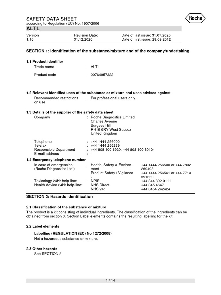 ALTL Safety Data Sheet Overview | PDF | Dangerous Goods | Personal ...