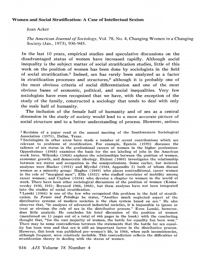 Acker Women and Social Stratification - A Case of Intellectual Sexism | PDF