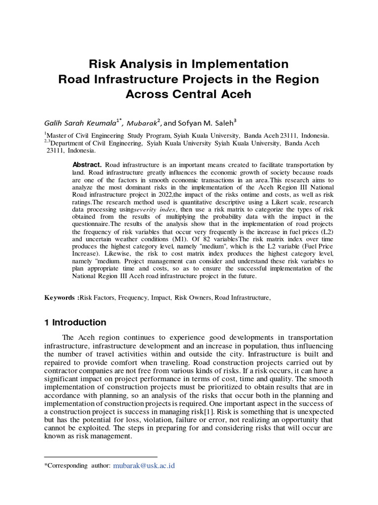 Risk Factor Analysis in The Implementation of Road Infrastructure Projects in The Central Aceh ...