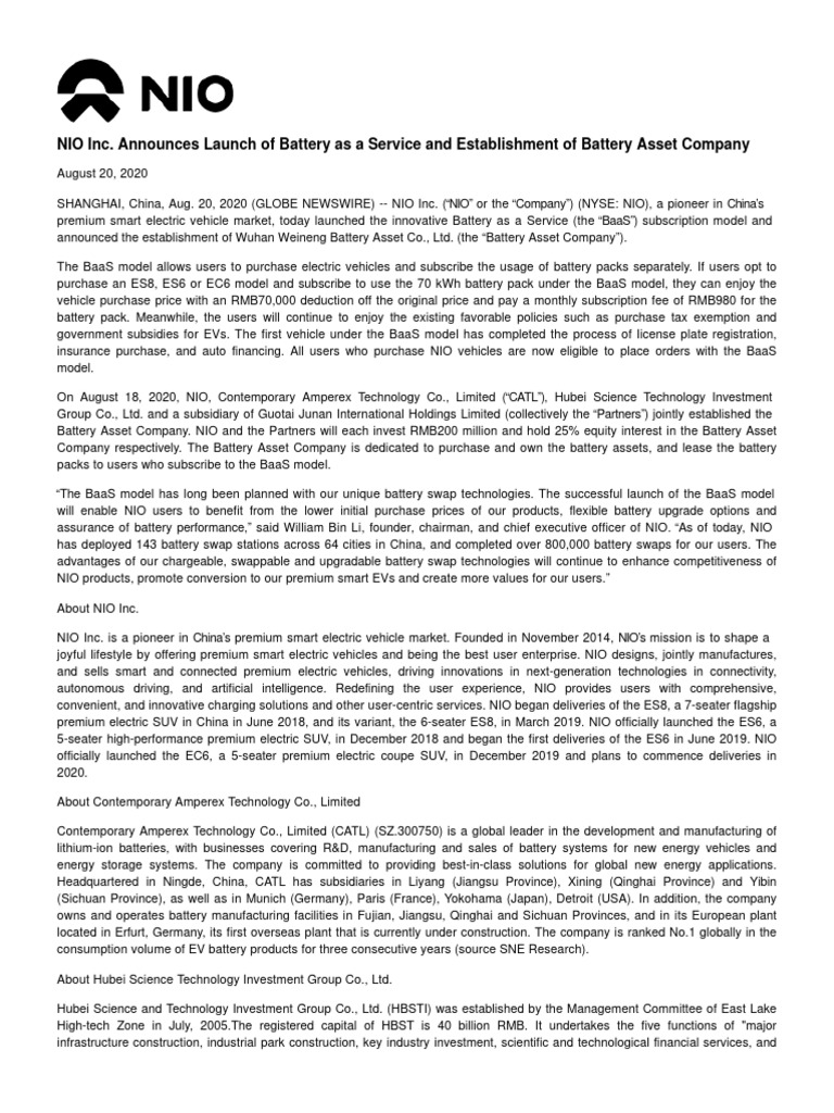 NIO Inc. Announces Launch of Battery As A Service and Establishment of ...