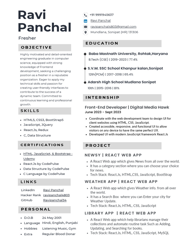 Ravi Panchal: Fresher | PDF | Mobile App | World Wide Web