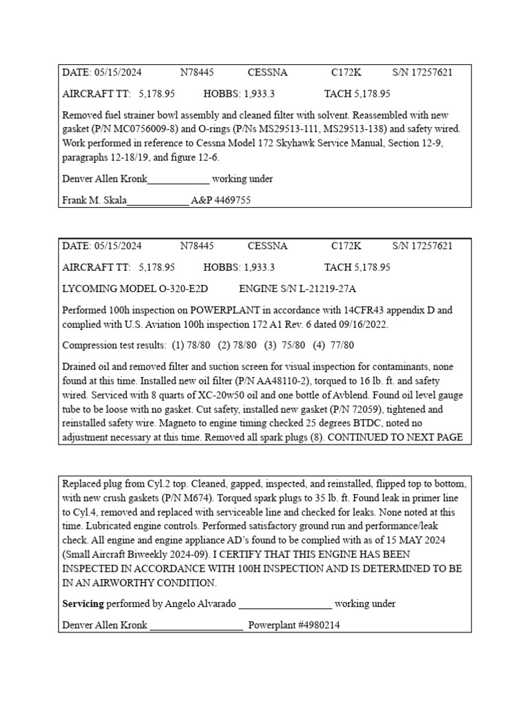 Cessna 172K 100-Hour Inspection Report | PDF | Aviation | Aircraft
