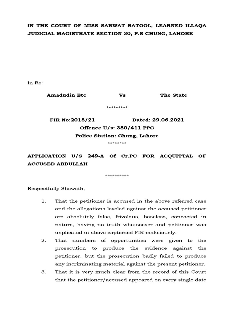 Application For Acquittal of Abdullah in Magistrate Court | PDF ...