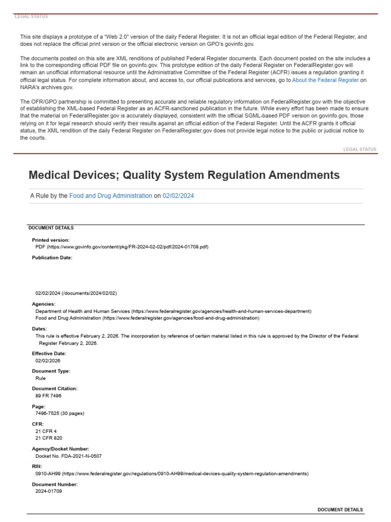 Federal Register - Medical Devices Quality System Regulation Amendments ...