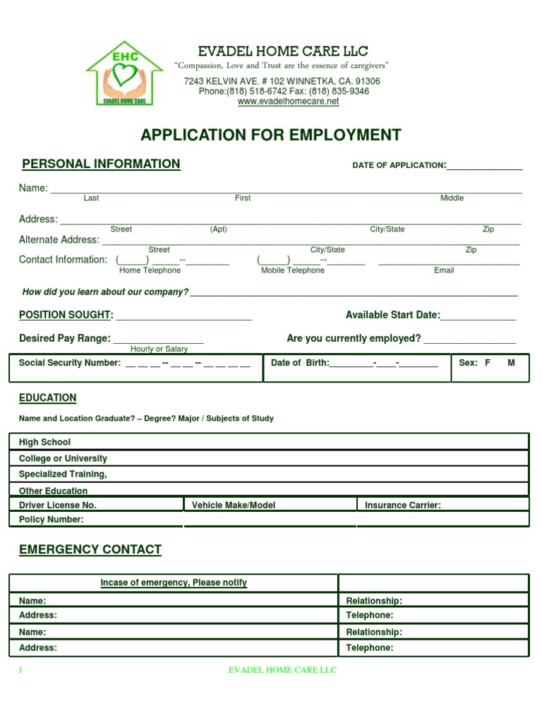 Evadel Home Care Job Application Form | PDF | Home Care | Employment