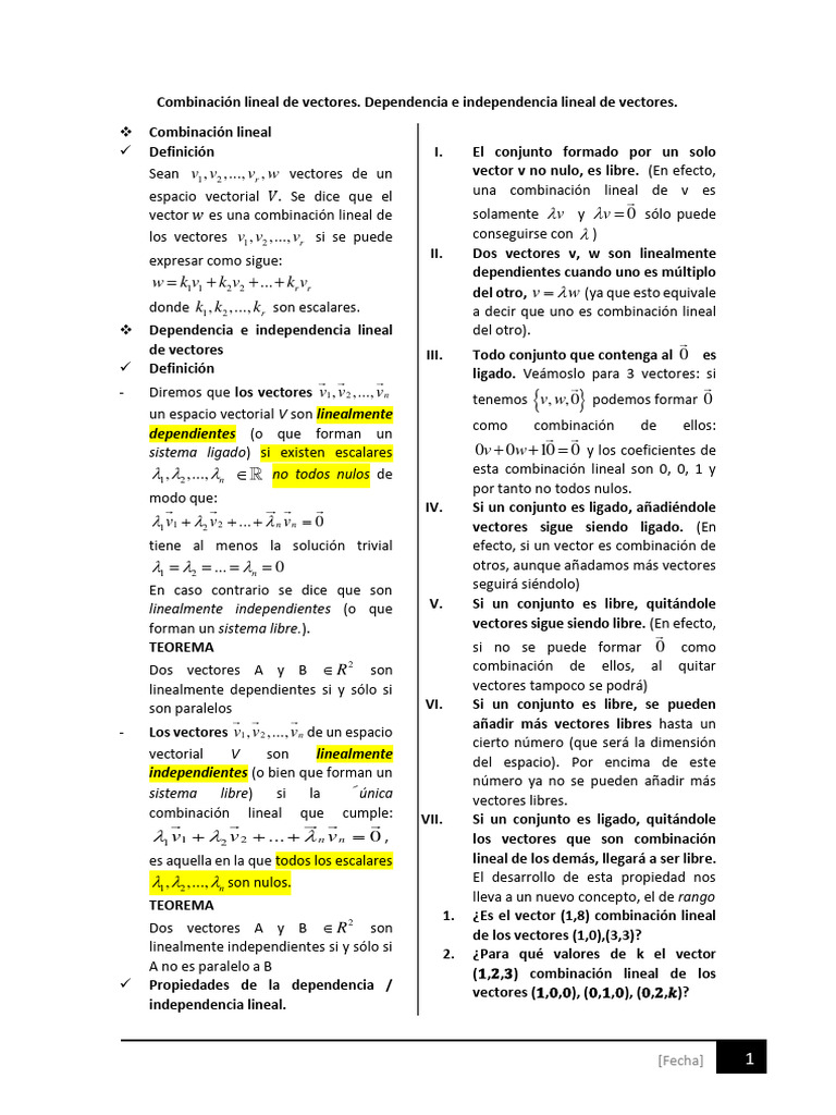 Conceptual Combinación Lineal De Vectores Pdf Espacio Vectorial