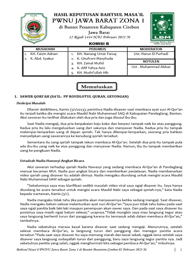 Hasil Keputusan BM PWNU Z-1 Komisi B | PDF