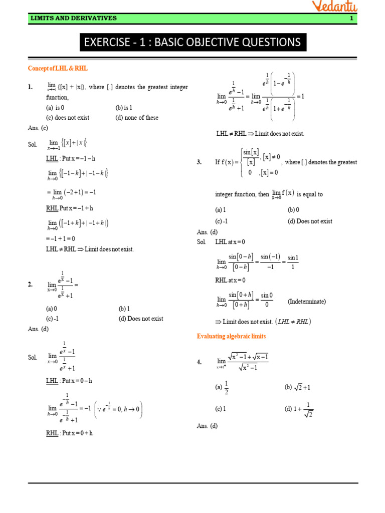 Limits and Derivatives NM EX-1 | PDF