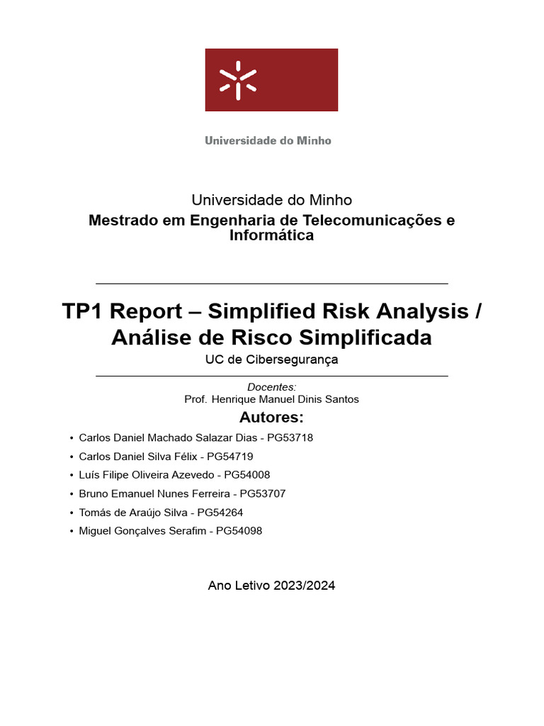TP1 Report - Simplified Risk Analysis / Análise de Risco Simplificada ...
