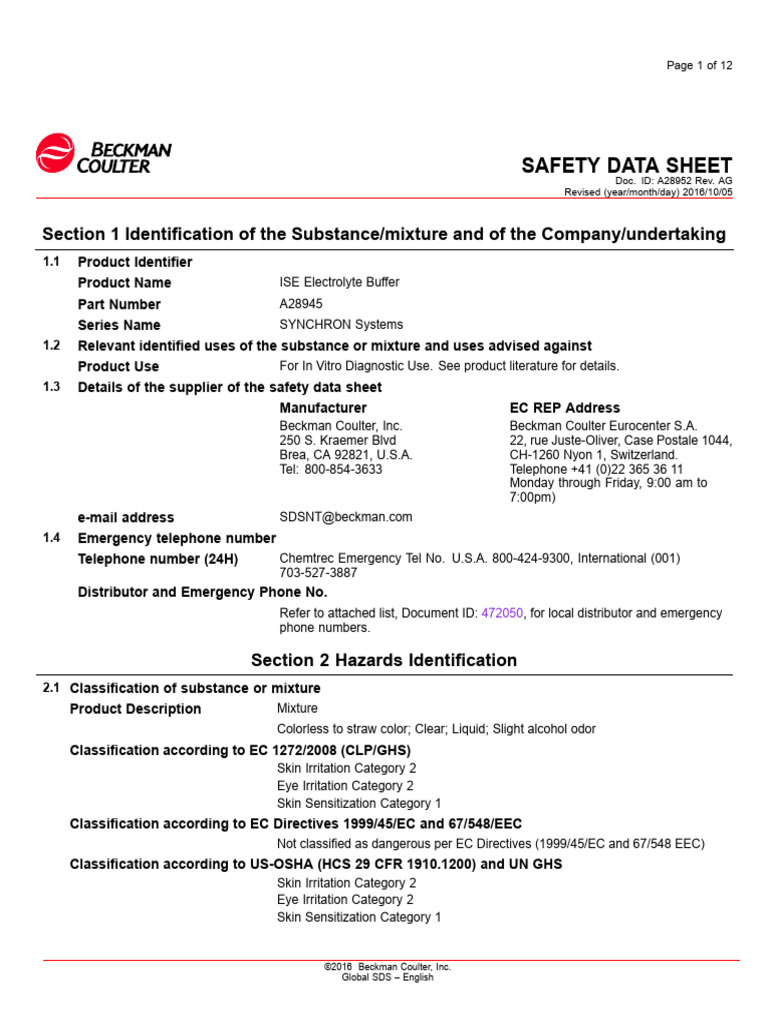 ISE Electrolyte Buffer - A28952AG | PDF | Dangerous Goods | Toxicity