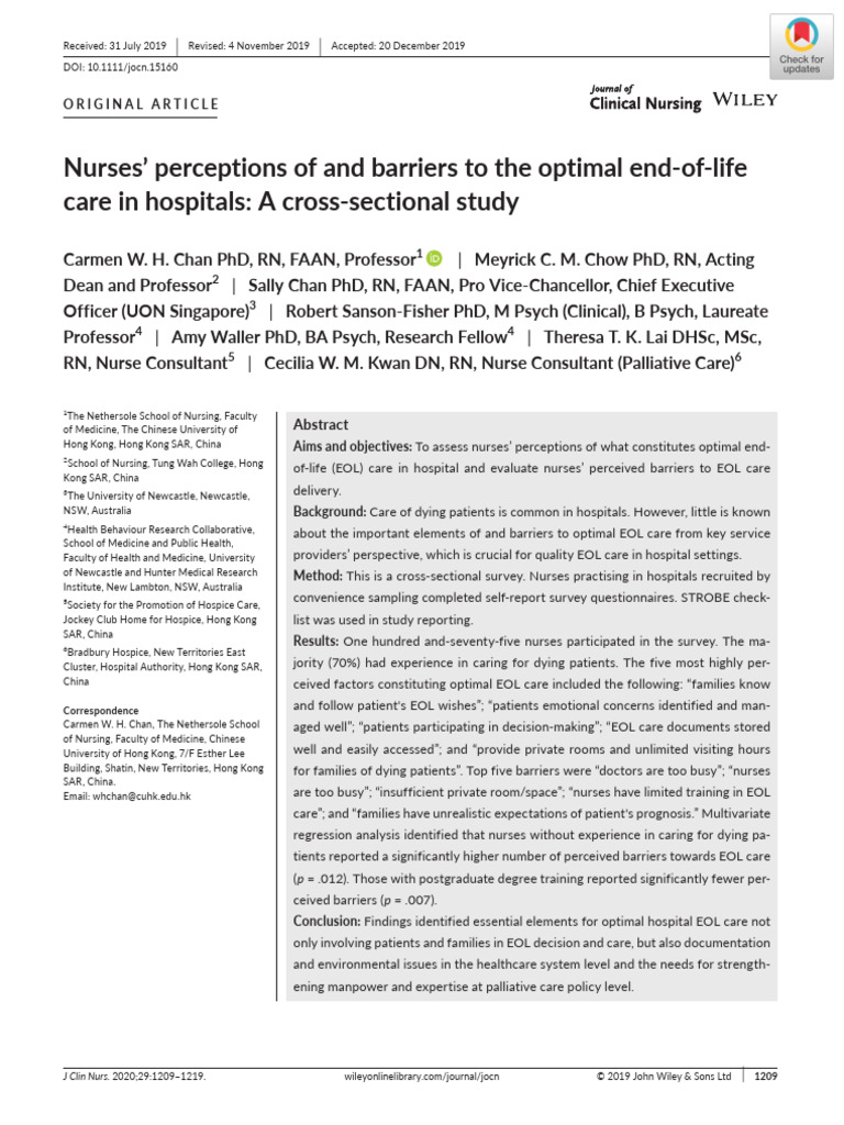 Nurses' Perceptions of and Barriers To The Optimal End-Of-Life Care in Hospitals: A Cross ...