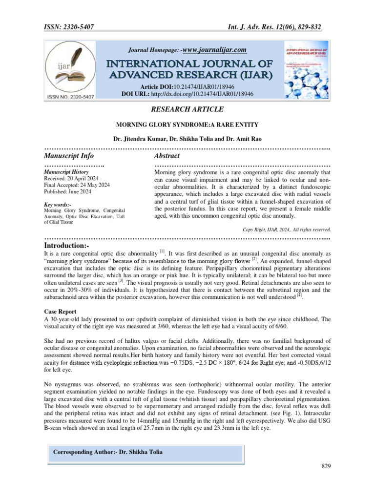 Morning Glory Syndrome:a Rare Entity | PDF | Visual Acuity | Retina