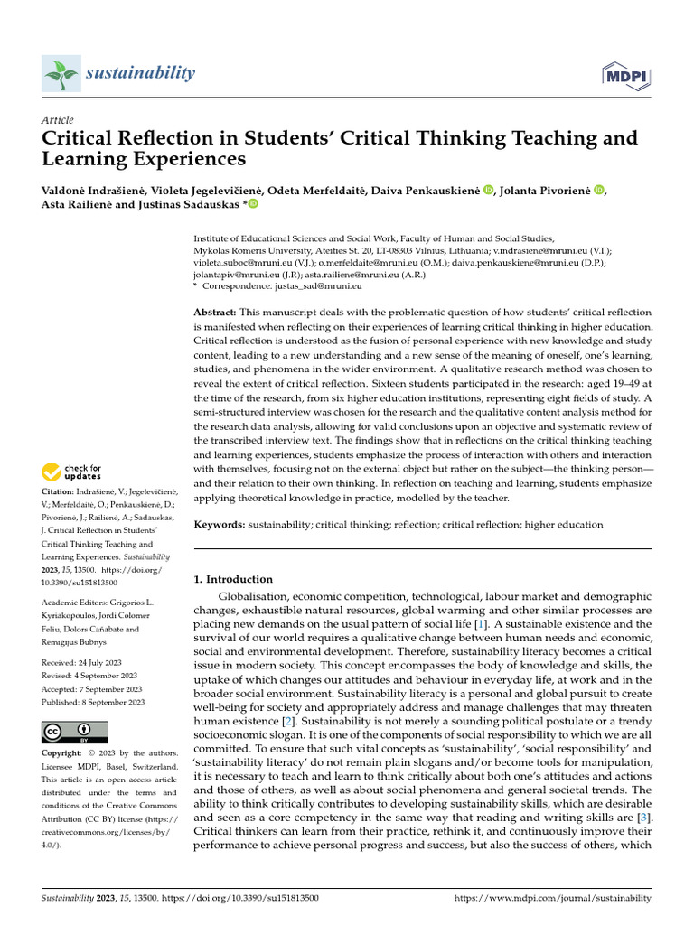 Critical Reflection in Students Critical Thinking | PDF | Critical ...