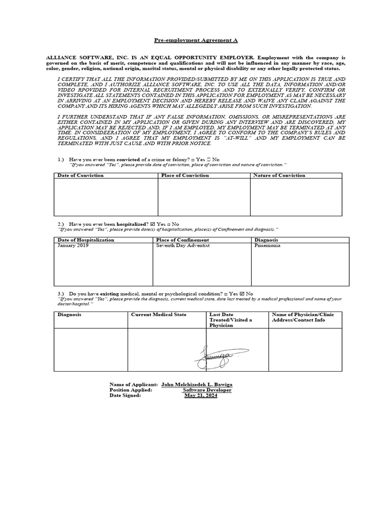 Pre-Employment Agreement (PEA) - A - Oct 2020 | PDF | Medical Diagnosis ...