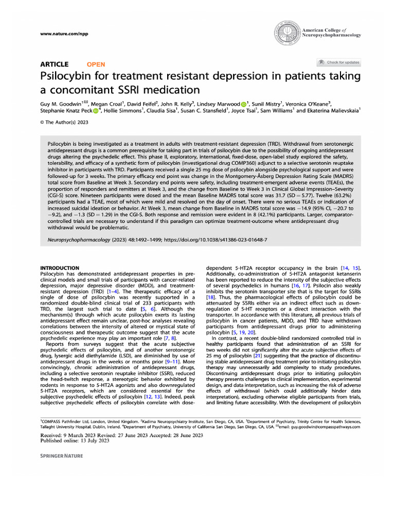 Psilocybin For Treatment Resistant Depression in Patients Taking A ...