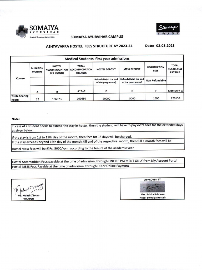 Hostel+Fee+Structure+A Y +2023-24 | PDF