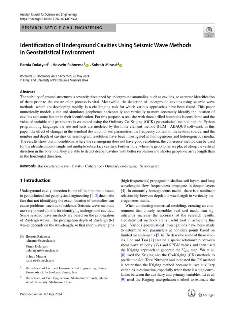 Identification of Underground Cavities Using Seismic Wave Methods in Geostatistical Environment ...