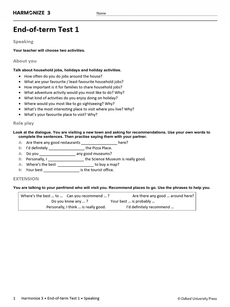 Harmonize 3 - Units 1 To 3 Speaking Test | PDF
