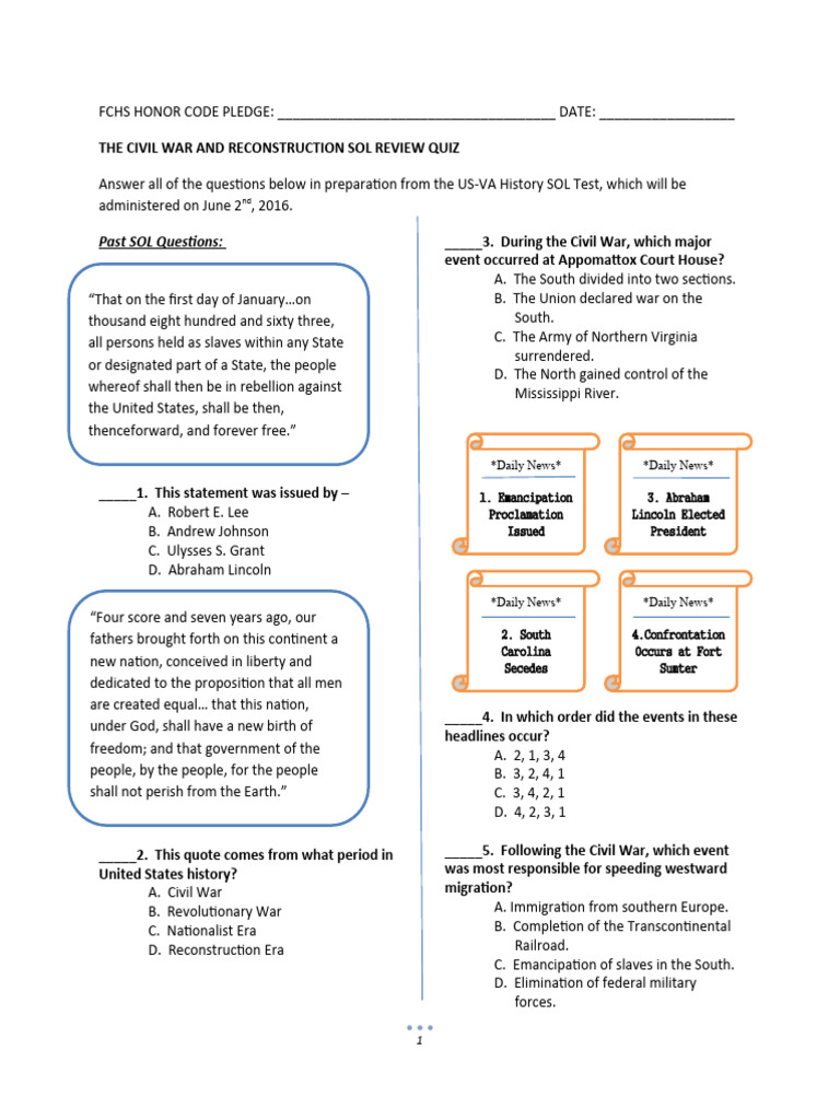 Civil War and Reconstruction SOL Review Quiz | PDF | American Civil War ...