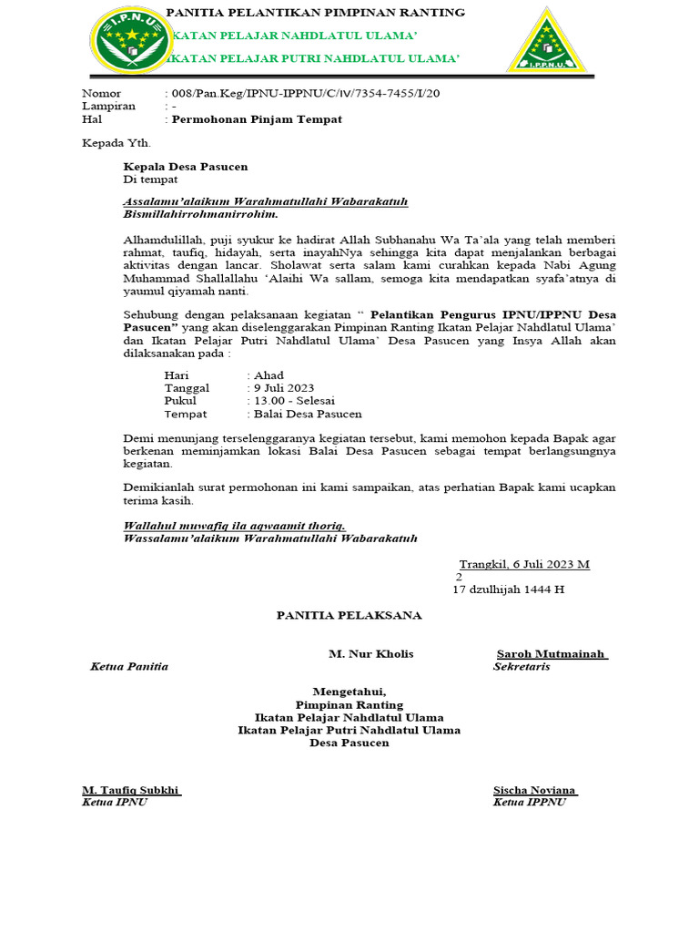 Surat Pinjam Tempat | PDF