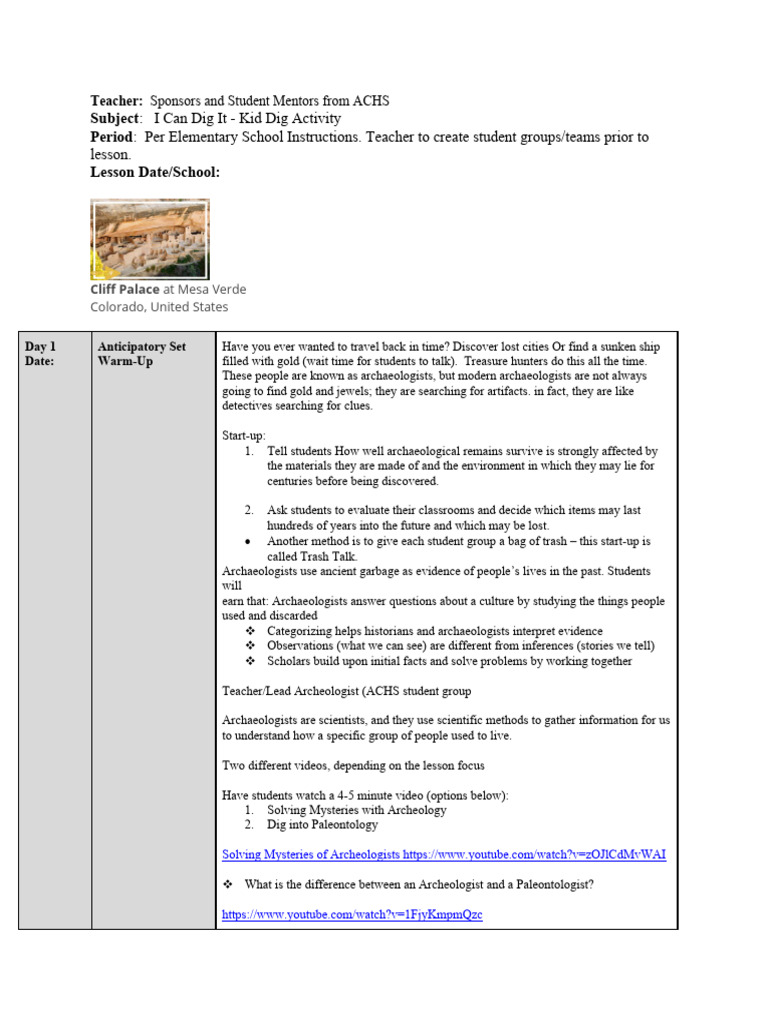 Archaeology Lesson Plan for Kids | PDF | Archaeology | Artifact ...