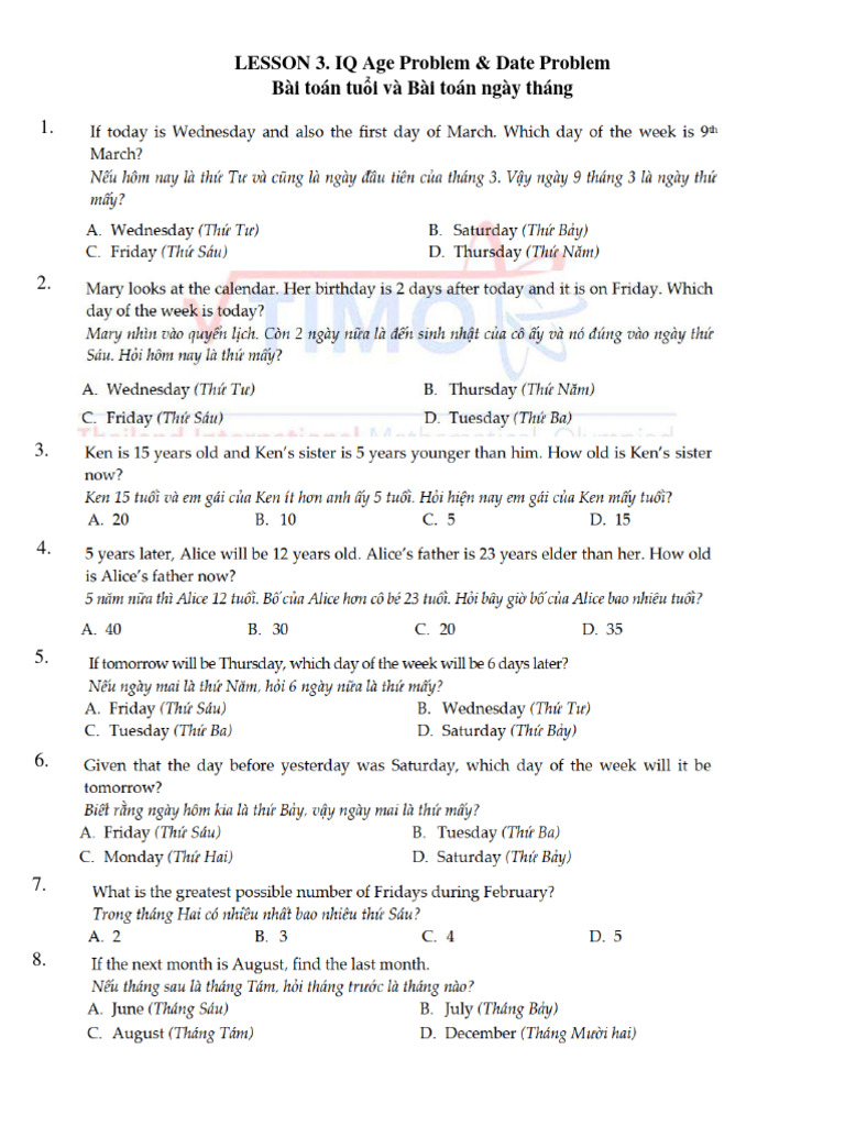 Lesson 3. IQ Age Problem. Date Problem | PDF