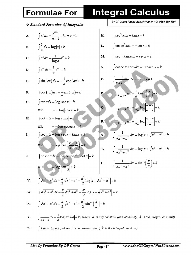 Formulae Integral Calculus | PDF | Function (Mathematics ... Formulae Integral Calculus | PDF | Function (Mathematics ...