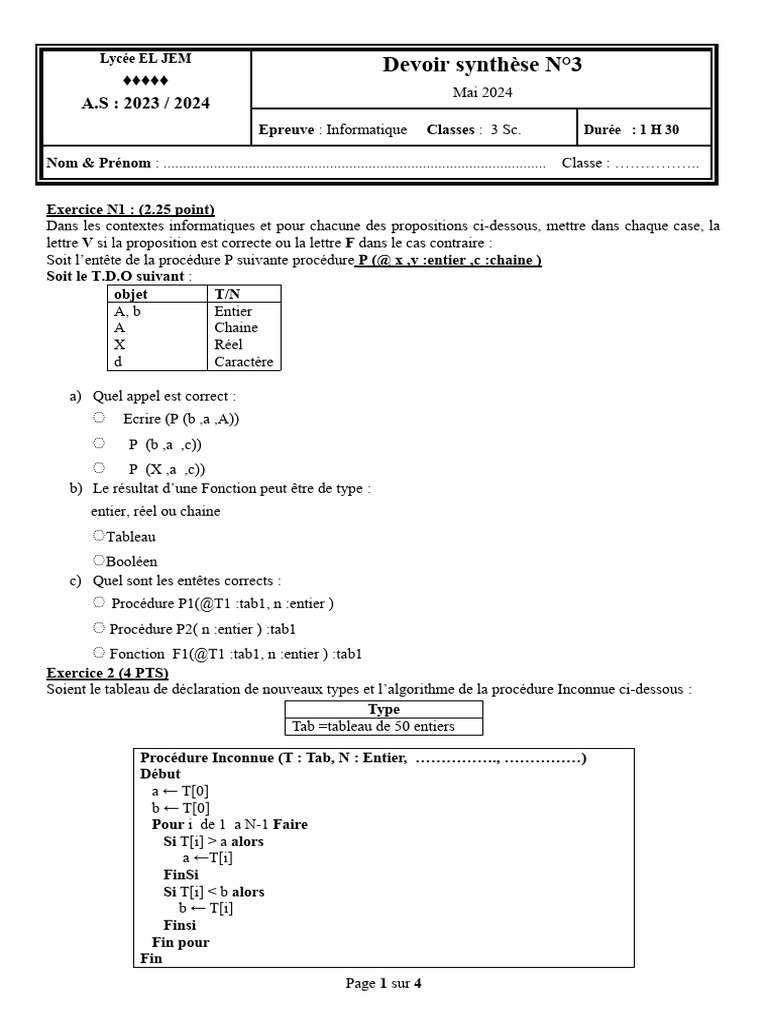 Devoir Informatique 2023-2024 Lycée EL JEM | PDF | Informatique