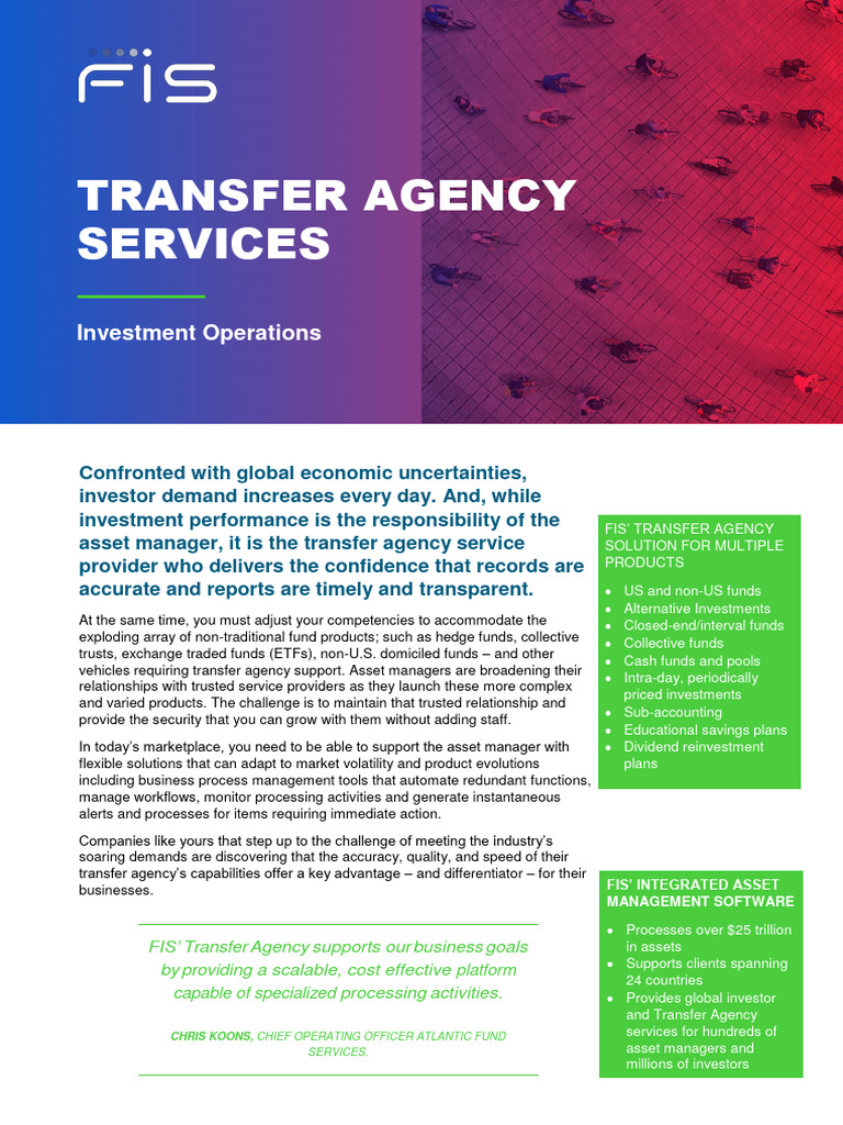 Transfer Agency Services Product Sheet | PDF | Business Process Management | Investing
