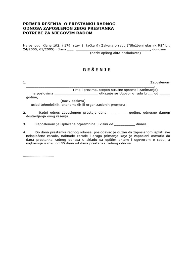 Primer Resenja o Prestanku Radnog Od Tehnoloski Visak PDF Free | PDF