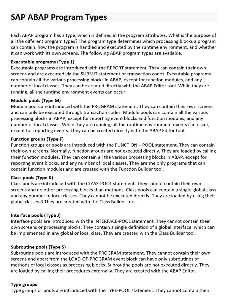 SAP ABAP Program Types | PDF | Class (Computer Programming) | Programming